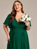 China Simple V-neck Zipper Short Sleeves Empire Waist A-line Maxi Ruffled Dark Green Chiffon Bridesmaid Dress for sale
