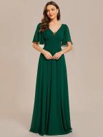China Simple V-neck Zipper Short Sleeves Empire Waist A-line Maxi Ruffled Dark Green Chiffon Bridesmaid Dress for sale