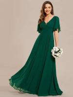 China Simple V-neck Zipper Short Sleeves Empire Waist A-line Maxi Ruffled Dark Green Chiffon Bridesmaid Dress for sale