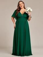China Simple V-neck Zipper Short Sleeves Empire Waist A-line Maxi Ruffled Black Chiffon Evening Dress for sale
