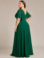 China Simple V-neck Zipper Short Sleeves Empire Waist A-line Maxi Ruffled Black Chiffon Evening Dress for sale