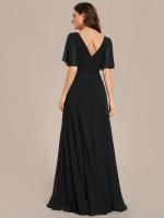 China Simple V-neck Zipper Short Sleeves Empire Waist A-line Maxi Ruffled Black Chiffon Evening Dress for sale