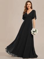 China Simple V-neck Zipper Short Sleeves Empire Waist A-line Maxi Ruffled Black Chiffon Evening Dress for sale