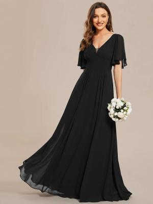 China Simple V-neck Zipper Short Sleeves Empire Waist A-line Maxi Ruffled Black Chiffon Evening Dress for sale