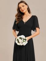 China Simple V-neck Zipper Short Sleeves Empire Waist A-line Maxi Ruffled Black Chiffon Evening Dress for sale
