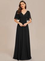 China Simple V-neck Zipper Short Sleeves Empire Waist A-line Maxi Ruffled Black Chiffon Evening Dress for sale