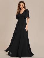 China Simple V-neck Zipper Short Sleeves Empire Waist A-line Maxi Ruffled Black Chiffon Evening Dress for sale