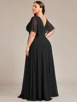 China Simple V-neck Zipper Short Sleeves Empire Waist A-line Maxi Ruffled Black Chiffon Evening Dress for sale