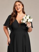 China Simple V-neck Zipper Short Sleeves Empire Waist A-line Maxi Ruffled Black Chiffon Evening Dress for sale