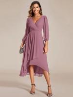 China Ruffled A-line Long Sleeve V-neck High-low Wedding Guest Purple Orchid Chiffon Bridesmaid Dress for sale