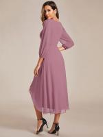 China Ruffled A-line Long Sleeve V-neck High-low Wedding Guest Purple Orchid Chiffon Bridesmaid Dress for sale