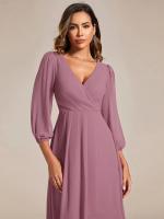 China Ruffled A-line Long Sleeve V-neck High-low Wedding Guest Purple Orchid Chiffon Bridesmaid Dress for sale