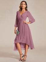 China Ruffled A-line Long Sleeve V-neck High-low Wedding Guest Purple Orchid Chiffon Bridesmaid Dress for sale