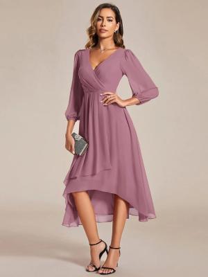 China Ruffled A-line Long Sleeve V-neck High-low Wedding Guest Purple Orchid Chiffon Bridesmaid Dress for sale