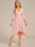 China Ruffled A-line Long Sleeve V-neck High-low Wedding Guest Mint Green Chiffon Evening Dress for sale