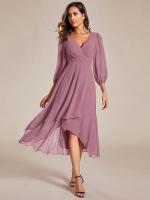 China Ruffled A-line Long Sleeve V-neck High-low Wedding Guest Mint Green Chiffon Evening Dress for sale