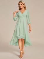 China Ruffled A-line Long Sleeve V-neck High-low Wedding Guest Mint Green Chiffon Evening Dress for sale