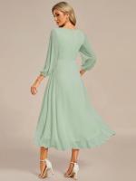 China Ruffled A-line Long Sleeve V-neck High-low Wedding Guest Mint Green Chiffon Evening Dress for sale