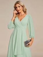 China Ruffled A-line Long Sleeve V-neck High-low Wedding Guest Mint Green Chiffon Evening Dress for sale