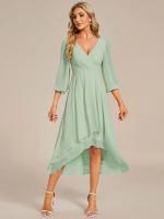 China Ruffled A-line Long Sleeve V-neck High-low Wedding Guest Mint Green Chiffon Evening Dress for sale