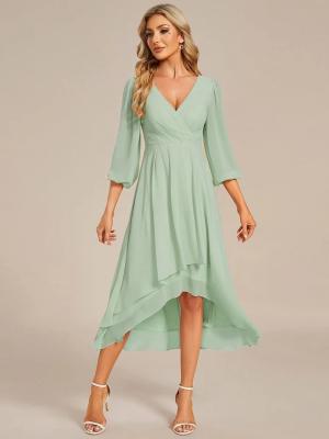 China Ruffled A-line Long Sleeve V-neck High-low Wedding Guest Mint Green Chiffon Evening Dress for sale