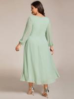 China Ruffled A-line Long Sleeve V-neck High-low Wedding Guest Mint Green Chiffon Evening Dress for sale