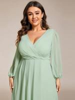 China Ruffled A-line Long Sleeve V-neck High-low Wedding Guest Mint Green Chiffon Evening Dress for sale