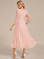 China Ruffled A-line Long Sleeve V-neck High-low Wedding Guest Pink Chiffon Prom Dress for sale