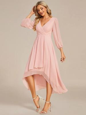 China Ruffled A-line Long Sleeve V-neck High-low Wedding Guest Pink Chiffon Prom Dress for sale