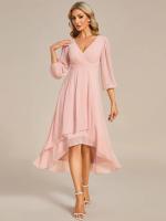 China Ruffled A-line Long Sleeve V-neck High-low Wedding Guest Pink Chiffon Prom Dress for sale