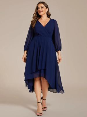 China Plus Size Ruffled A-line Long Sleeve V-neck High Low Wedding Guest Navy Blue Chiffon Bridesmaid Dress for sale