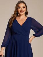 China Plus Size Ruffled A-line Long Sleeve V-neck High Low Wedding Guest Navy Blue Chiffon Bridesmaid Dress for sale