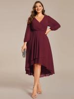 China Plus Size Ruffled A-line Long Sleeve V-neck High Low Wedding Guest Burgundy Chiffon Bridesmaid Dress for sale