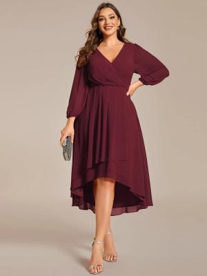 China Plus Size Ruffled A-line Long Sleeve V-neck High Low Wedding Guest Burgundy Chiffon Bridesmaid Dress for sale