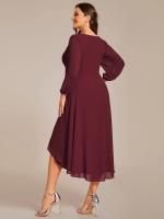 China Plus Size Ruffled A-line Long Sleeve V-neck High Low Wedding Guest Burgundy Chiffon Bridesmaid Dress for sale