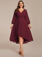 China Plus Size Ruffled A-line Long Sleeve V-neck High Low Wedding Guest Burgundy Chiffon Bridesmaid Dress for sale