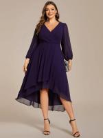 China Plus Size Ruffled A-line Long Sleeve V-neck High Low Wedding Guest Dark Purple Chiffon Bridesmaid Dress for sale