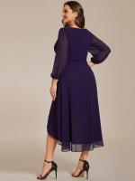 China Plus Size Ruffled A-line Long Sleeve V-neck High Low Wedding Guest Dark Purple Chiffon Bridesmaid Dress for sale