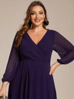 China Plus Size Ruffled A-line Long Sleeve V-neck High Low Wedding Guest Dark Purple Chiffon Bridesmaid Dress for sale