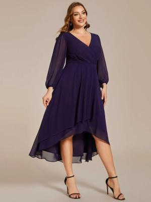 China Plus Size Ruffled A-line Long Sleeve V-neck High Low Wedding Guest Dark Purple Chiffon Bridesmaid Dress for sale