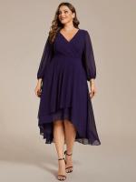 China Plus Size Ruffled A-line Long Sleeve V-neck High Low Wedding Guest Dark Purple Chiffon Bridesmaid Dress for sale