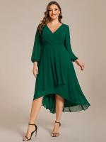 China Plus Size Ruffled A-line Long Sleeve V-neck High Low Wedding Guest Dark Green Chiffon Graduation Dress for sale