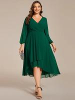 China Plus Size Ruffled A-line Long Sleeve V-neck High Low Wedding Guest Dark Green Chiffon Graduation Dress for sale