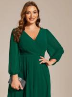 China Plus Size Ruffled A-line Long Sleeve V-neck High Low Wedding Guest Dark Green Chiffon Graduation Dress for sale