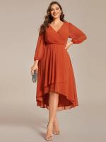 China Plus Size Ruffled A-line Long Sleeve V-neck High Low Wedding Guest Burnt Orange Chiffon Homecoming Dress for sale