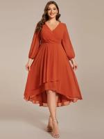 China Plus Size Ruffled A-line Long Sleeve V-neck High Low Wedding Guest Burnt Orange Chiffon Homecoming Dress for sale