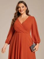 China Plus Size Ruffled A-line Long Sleeve V-neck High Low Wedding Guest Burnt Orange Chiffon Homecoming Dress for sale