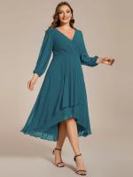 China Plus Size Ruffled A-line Long Sleeve V-neck High Low Wedding Guest Black Chiffon Evening Dress for sale