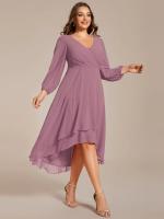 China Plus Size Ruffled A-line Long Sleeve V-neck High Low Wedding Guest Black Chiffon Evening Dress for sale