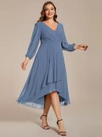 China Plus Size Ruffled A-line Long Sleeve V-neck High Low Wedding Guest Black Chiffon Evening Dress for sale